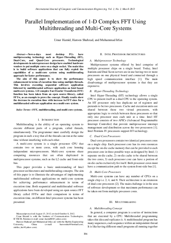 Pdf Parallel Implementation Of 1 D Complex Fft Using Multithreading And Multi Core Systems