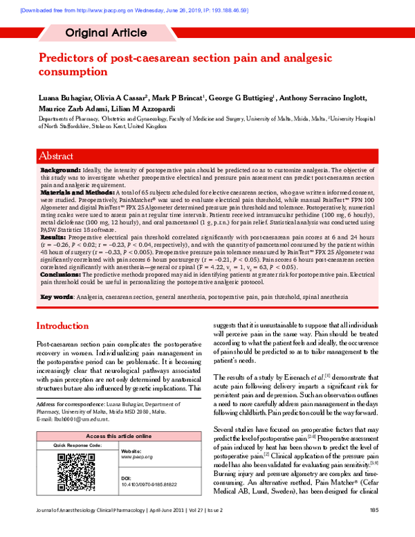 (PDF) Predictors of post-caesarean section pain and analgesic consumption