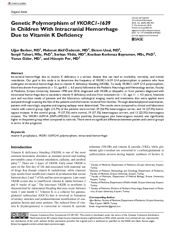 (PDF) Genetic Polymorphism of VKORC1-1639 in Children With Intracranial ...