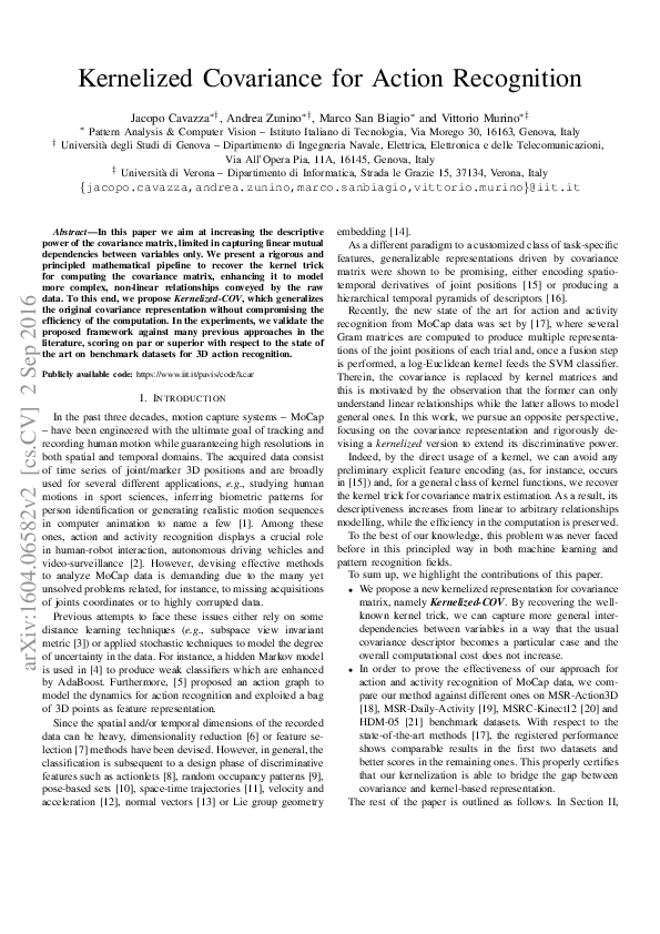 Pdf Kernelized Covariance For Action Recognition