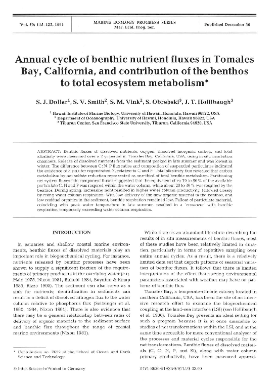 (PDF) Annual cycle of benthic nutrient fluxes in Tomales Bay ...