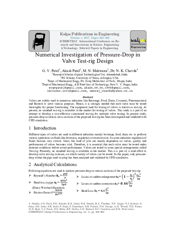 (PDF) Numerical Investigation of Pressure-Drop in Valve Test-Rig Design