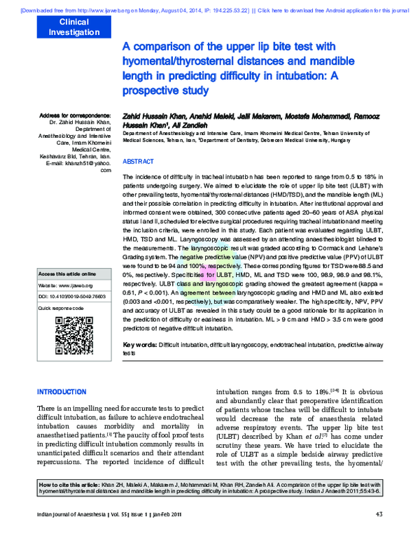 (PDF) A comparison of the upper lip bite test with hyomental ...