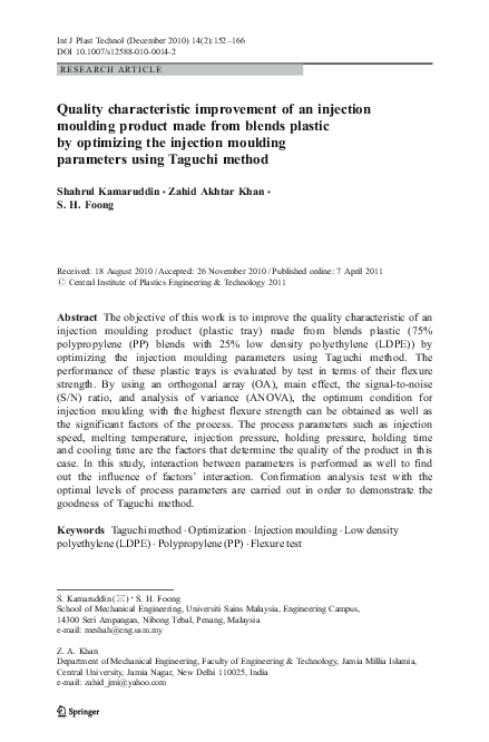 Pdf Quality Characteristic Improvement Of An Injection Moulding Product Made From Blends