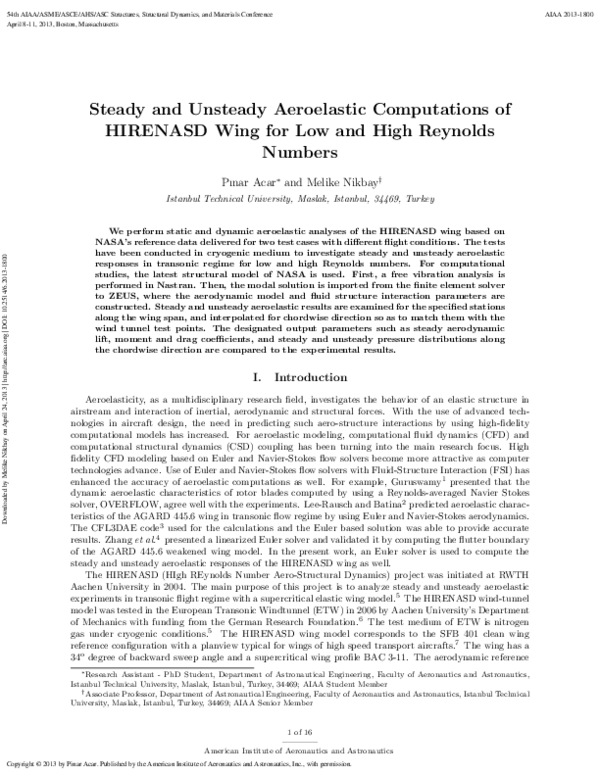 (PDF) Steady and Unsteady Aeroelastic Computations of HIRENASD Wing for Low and High Reynolds ...