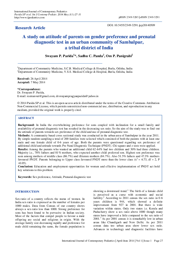 (PDF) A study on attitude of parents on gender preference and prenatal ...
