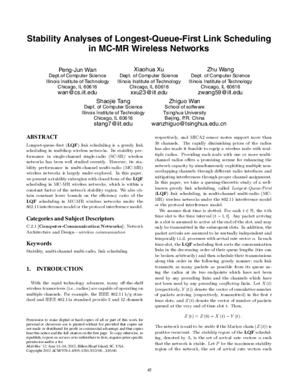 (PDF) Stability analyses of longest-queue-first link scheduling in MC-MR wireless networks | Zhu ...