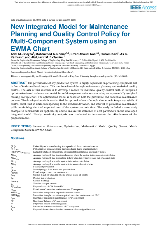 (PDF) New Integrated Model for Maintenance Planning and Quality Control Policy for Multi ...