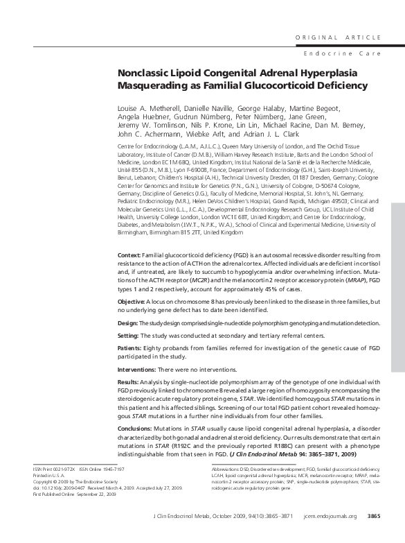 (PDF) Nonclassic Lipoid Congenital Adrenal Hyperplasia Masquerading as ...