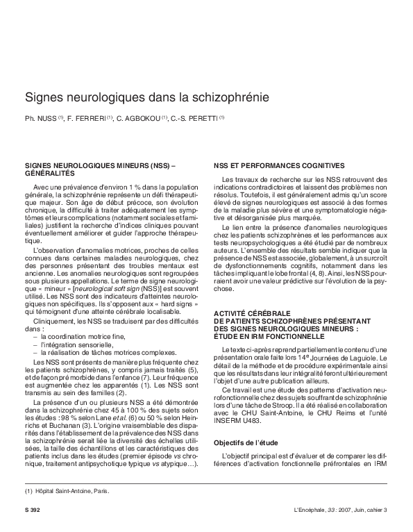 (PDF) Signes neurologiques dans la schizophrénie