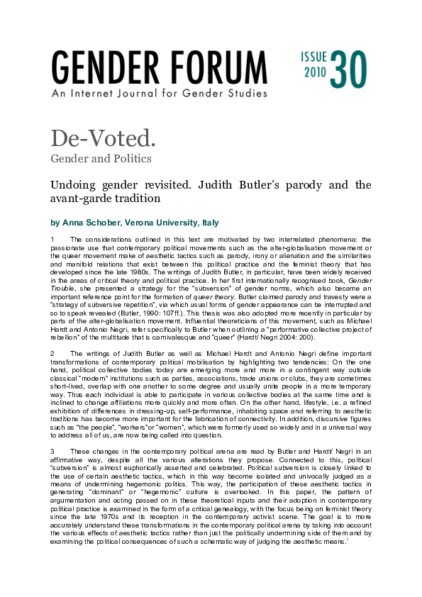 (PDF) Undoing gender" revisited. Judith Butlers Performance These und ...
