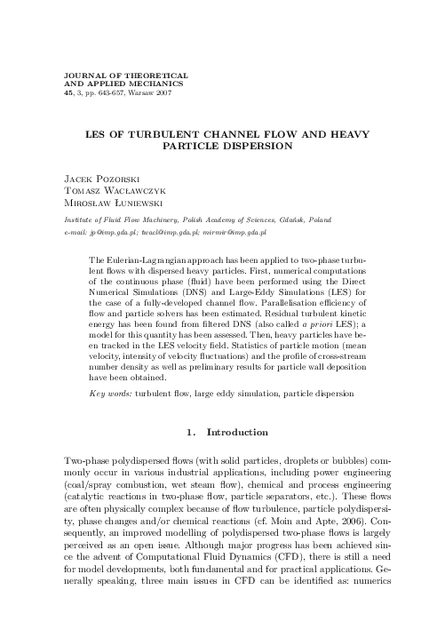 (PDF) Les of Turbulent Channel Flow and Heavy Particle Dispersion