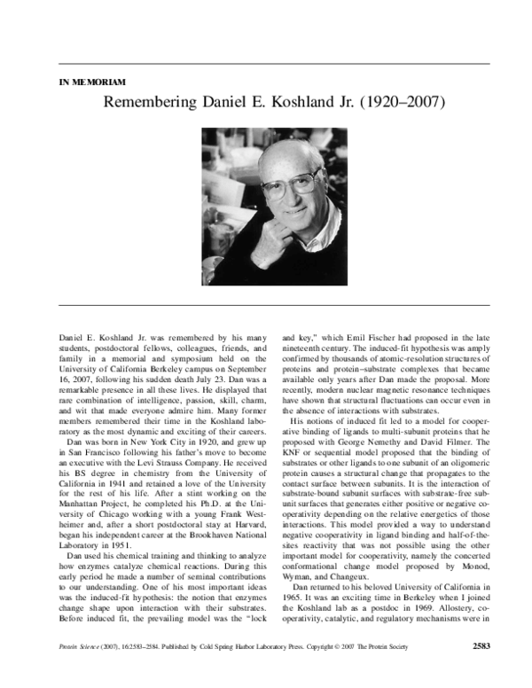 (PDF) Remembering Daniel E. Koshland Jr. (1920-2007)