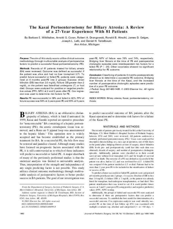 (PDF) The Kasai portoenterostomy for biliary atresia: a review of a 27 ...