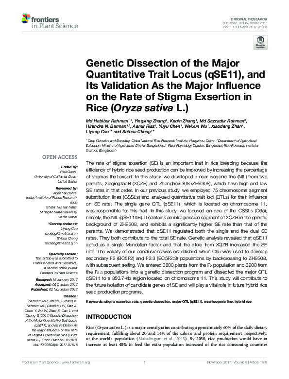 Pdf Genetic Dissection Of The Major Quantitative Trait Locus Qse11 And Its Validation As
