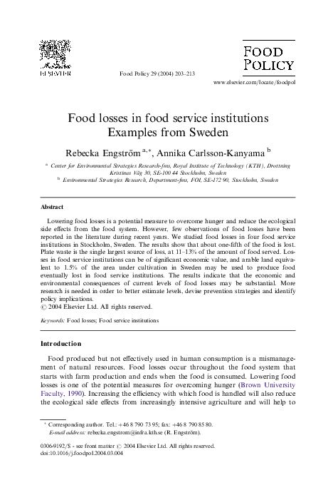 (PDF) Food losses in food service institutions Examples from Sweden