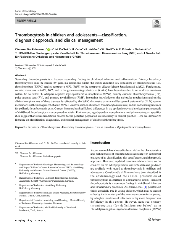 (PDF) Thrombocytosis in children and adolescents—classification ...