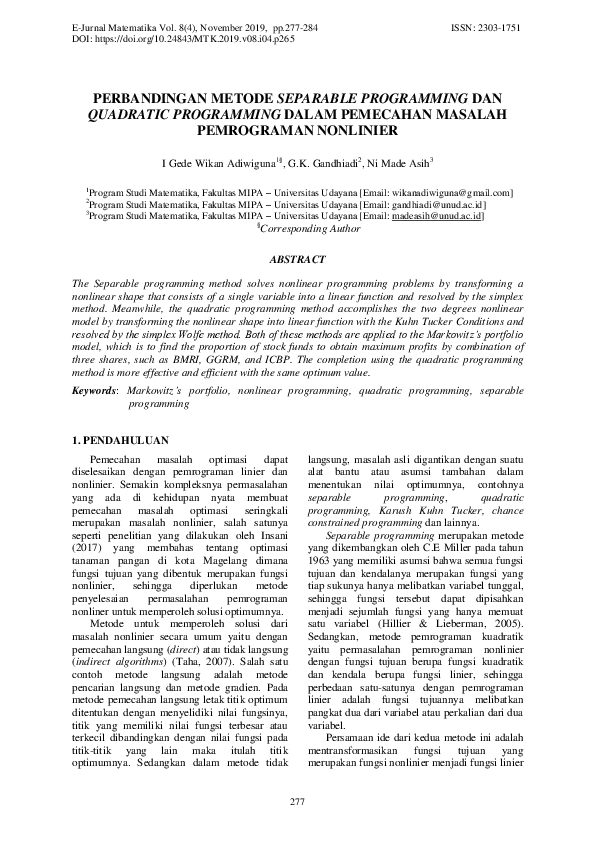 (PDF) Perbandingan Metode Separable Programming Dan Quadratic ...