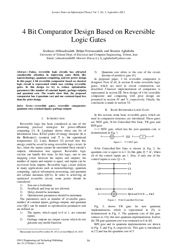 Pdf 4 Bit Comparator Design Based On Reversible Logic Gates