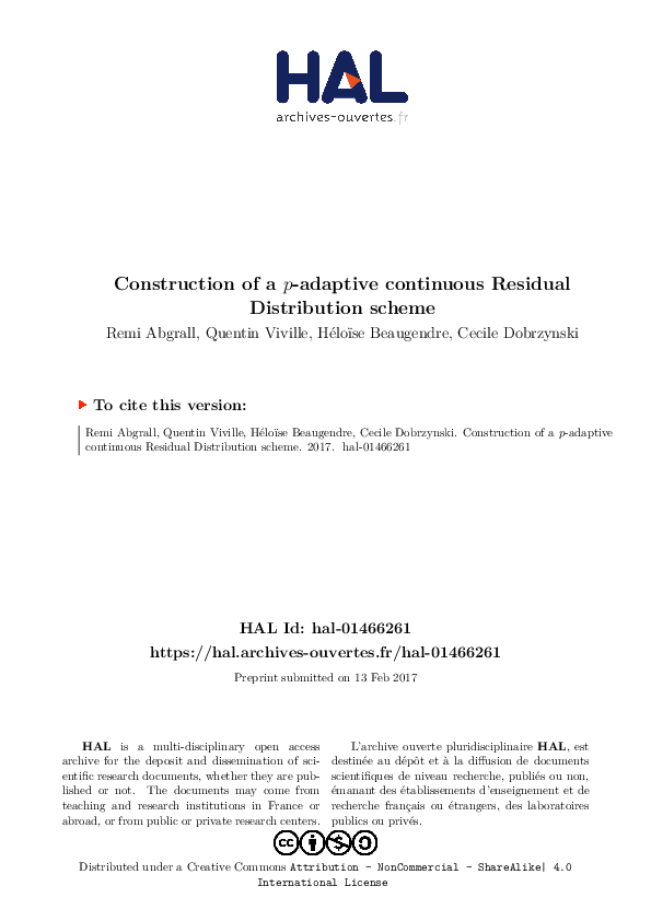 Pdf Construction Of A P Adaptive Continuous Residual Distribution Scheme