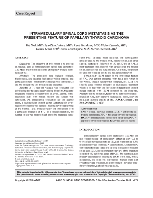 (PDF) Intramedullary Spinal Cord Metastasis as the Presenting Feature of Papillary Thyroid Carcinoma