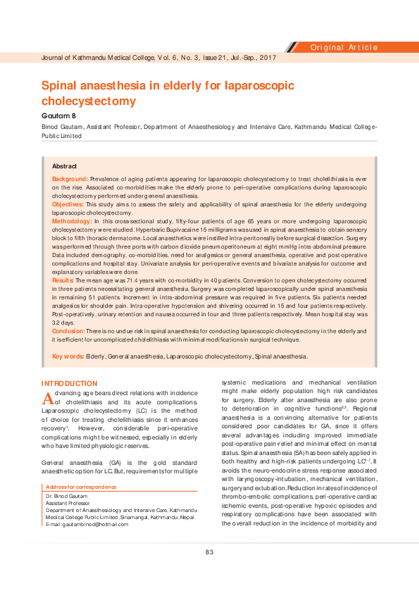 (PDF) Spinal anaesthesia in elderly for laparoscopic cholecystectomy