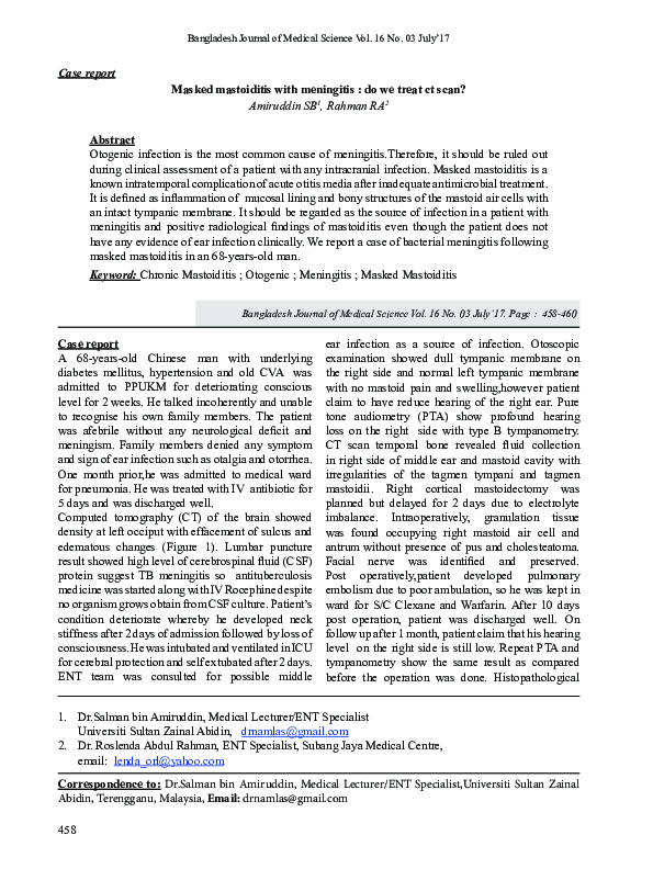 (PDF) Masked mastoiditis with meningitis : do we treat ct scan?