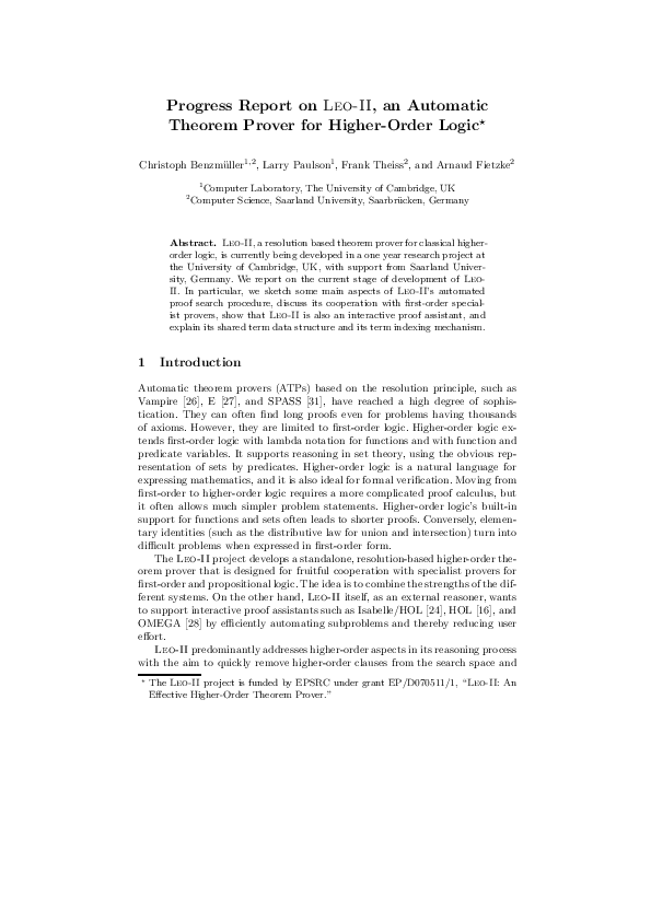 (PDF) Progress report on LEO-II, an automatic theorem prover for higher-order logic
