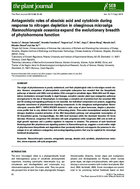 (PDF) Phytohormone Interplay in Nitrogen-Depleted Nannochloropsis oceanica