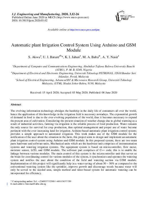 (PDF) Automatic plant Irrigation Control System Using Arduino and GSM ...