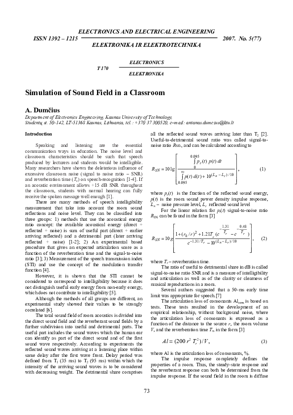 (PDF) Simulation of Sound Field in a Classroom