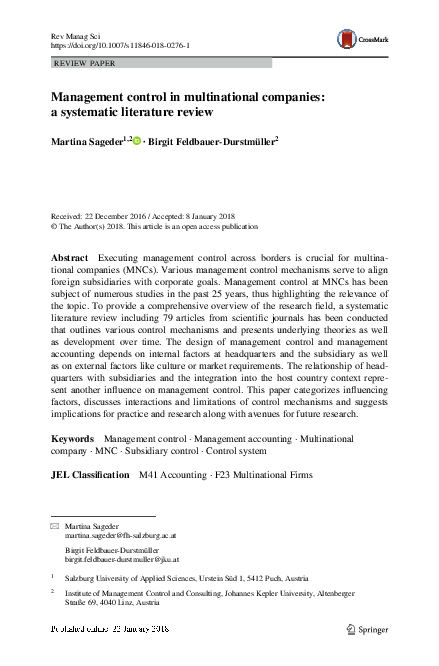 (PDF) Management control in multinational companies: a systematic literature review | Martina ...