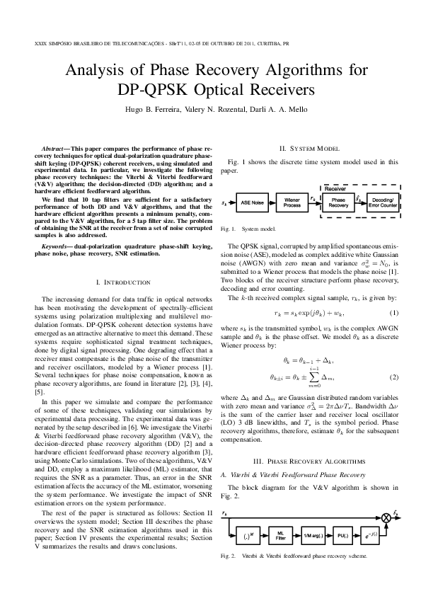 (PDF) Analysis of Phase Recovery Algorithms for DP-QPSK Optical Receivers