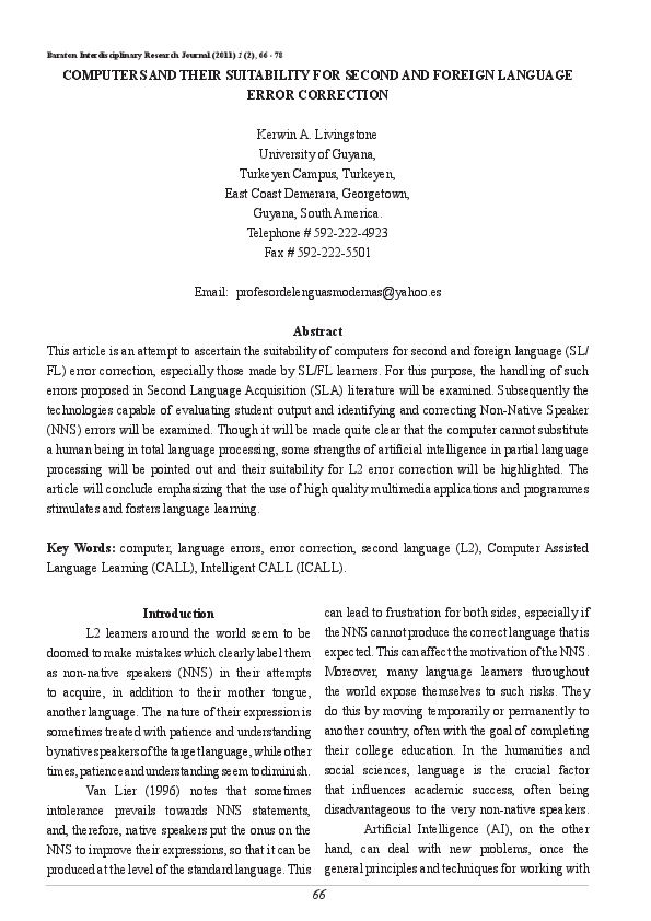 (PDF) Computers and their suitability for second and foreign language error correction