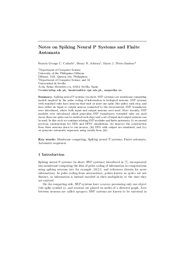 Pdf Notes On Spiking Neural P Systems And Finite Automata