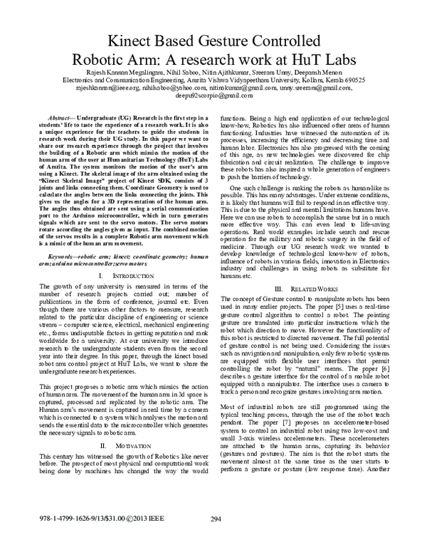 Pdf Kinect Based Gesture Controlled Robotic Arm A Research Work At Hut Labs