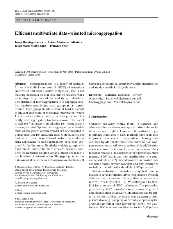 Pdf Efficient Multivariate Data Oriented Microaggregation Francesc Sebé