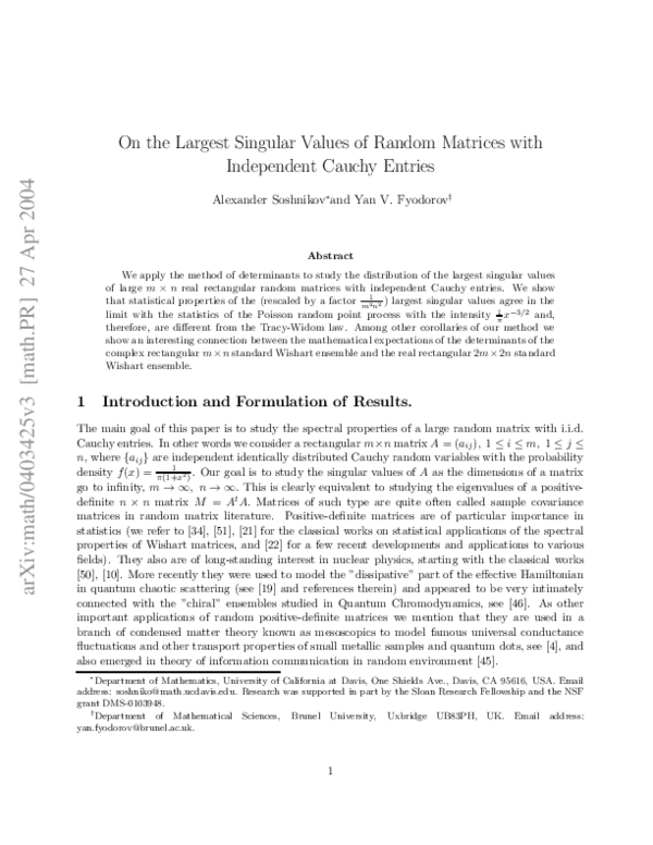 Pdf On The Largest Singular Values Of Random Matrices With