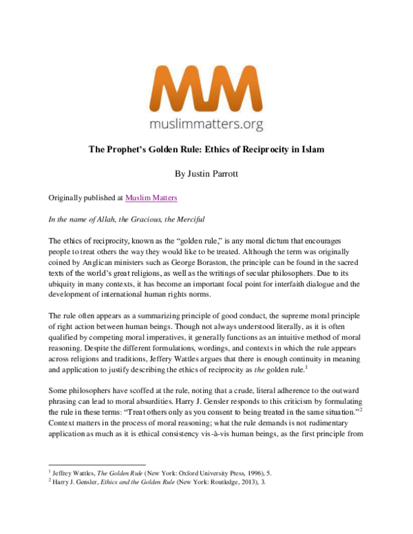 (PDF) The Prophet's Golden Rule: Ethics of Reciprocity in Islam