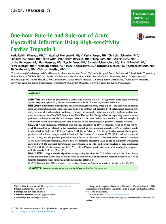 (PDF) One-hour rule-in and rule-out of acute myocardial infarction ...