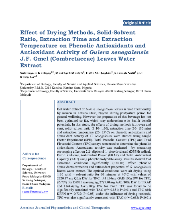 Pdf Effect Of Drying Methods Solid Solvent Ratio Extraction Time