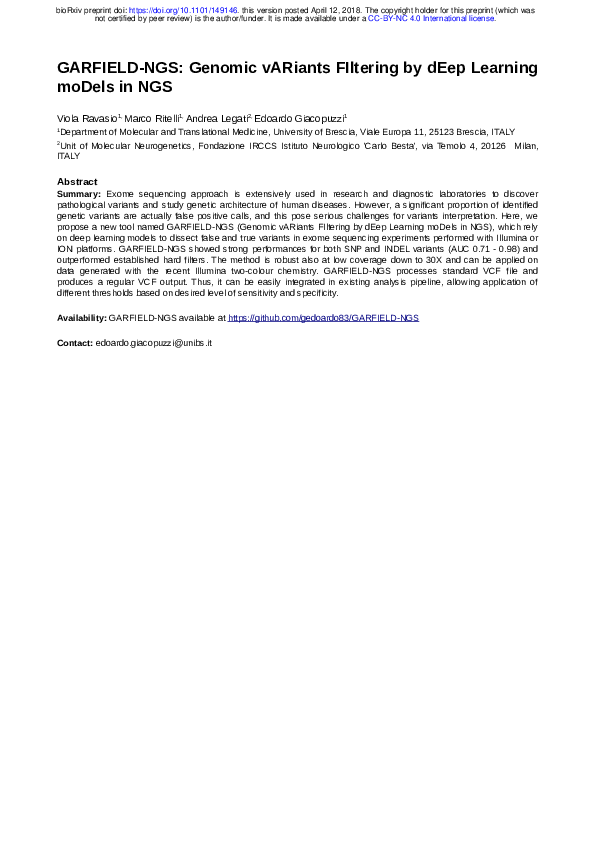(PDF) GARFIELD-NGS: Genomic vARiants FIltering by dEep Learning moDels ...