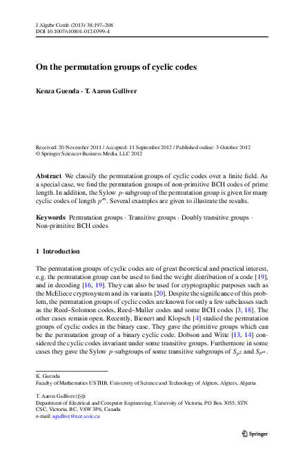 (PDF) On the permutation groups of cyclic codes