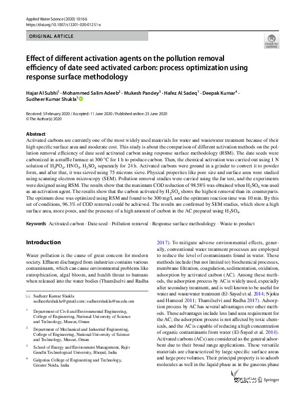 Pdf Effect Of Different Activation Agents On The Pollution Removal Efficiency Of Date Seed