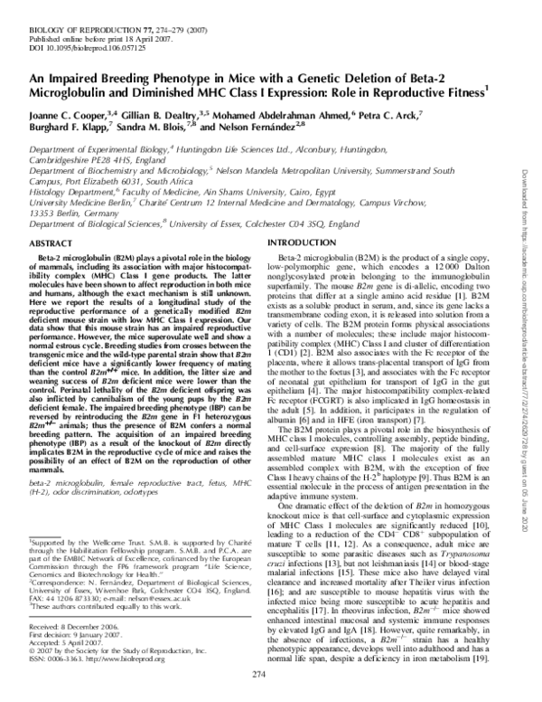(PDF) B2M Deletion Effects on Mice Reproductive Fitness