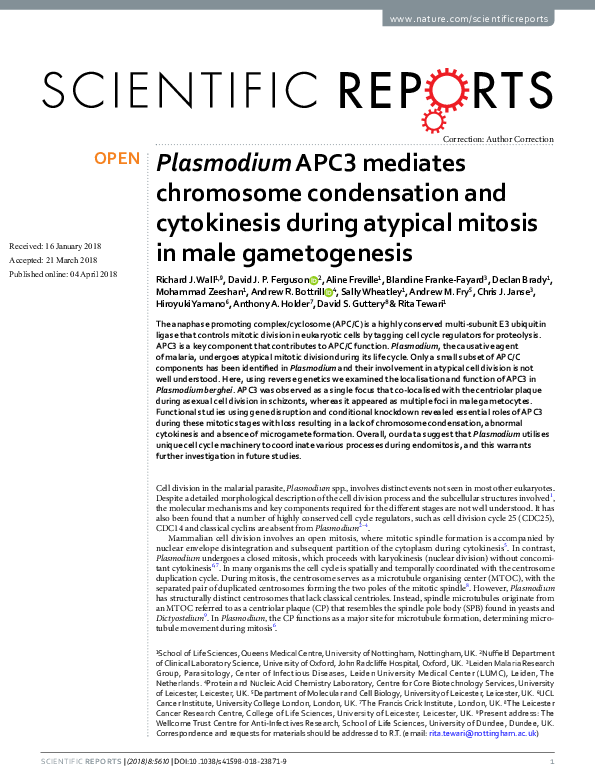 (PDF) Plasmodium APC3 mediates chromosome condensation and cytokinesis ...