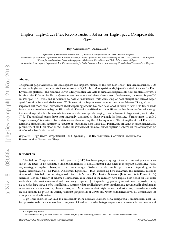 Pdf Implicit High Order Flux Reconstruction Solver For High Speed Compressible Flows Andrea