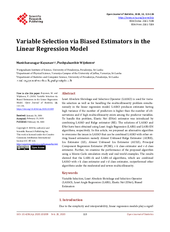 Pdf Variable Selection Via Biased Estimators In The Linear Regression Model