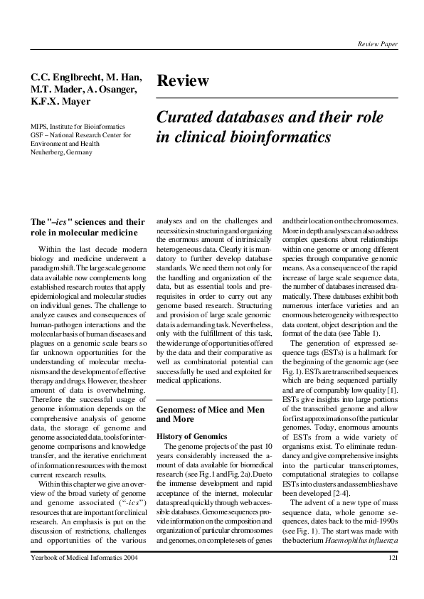 (PDF) Curated databases and their role in clinical bioinformatics | Klaus Mayer - Academia.edu