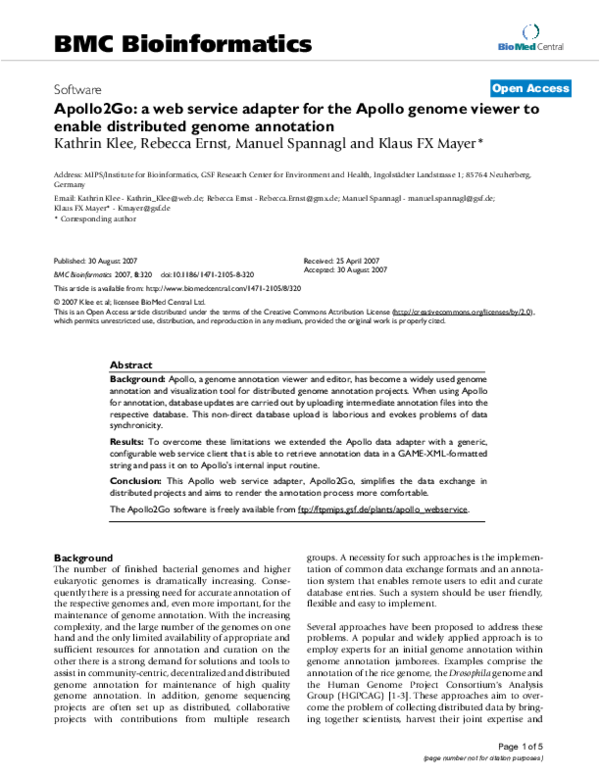 Pdf Apollo2go A Web Service Adapter For The Apollo Genome Viewer To Enable Distributed Genome